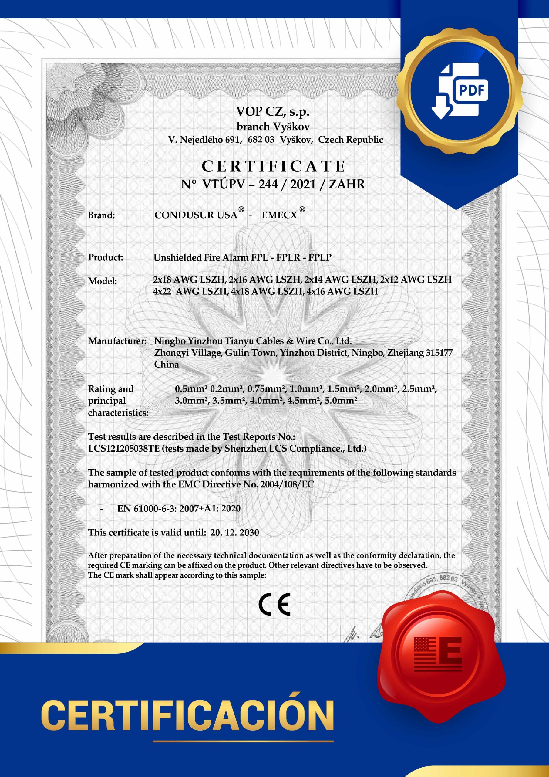 CERTIFICADO CABLES - EMECX